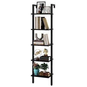 ymyny 5 tiers narrow ladder bookcase, industrial wall mounted bookshelf, open display rack with metal frame, wooden storage shelves for bedroom, home office, living room, black, 70*17.3*11.8"uhbc015b