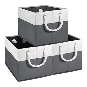 vimudiy storage bin, foldable storage basket [3-pack] with dual rope handles, large capacity storage boxes with sturdy non-woven fabric for organizing toys, shelves & closet, white & grey