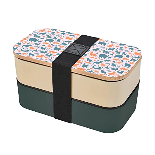 Cats Print Pattern Premium Bento Lunch Box, 2 Compartments Leakproof Lunch Box With Cutlery For Adults, Microwave & Dishwasher Safe