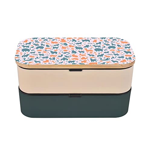 Cats Print Pattern Premium Bento Lunch Box, 2 Compartments Leakproof Lunch Box With Cutlery For Adults, Microwave & Dishwasher Safe