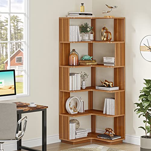 Tribesigns 6-Shelf Corner Bookshelf, Industrial 6-Tier Tall Bookcase with Baffles, Multifunctional Book Shelves Storage Display Stand for Living Room Home Office, Walnut