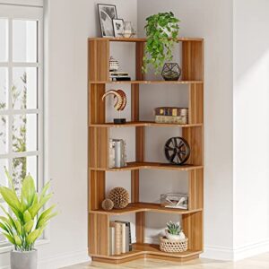 Tribesigns 6-Shelf Corner Bookshelf, Industrial 6-Tier Tall Bookcase with Baffles, Multifunctional Book Shelves Storage Display Stand for Living Room Home Office, Walnut