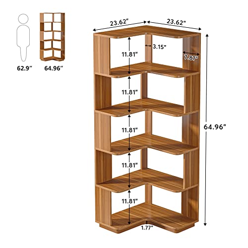 Tribesigns 6-Shelf Corner Bookshelf, Industrial 6-Tier Tall Bookcase with Baffles, Multifunctional Book Shelves Storage Display Stand for Living Room Home Office, Walnut