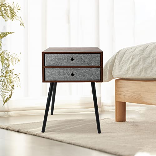 NO MORE TAG Nightstand, Wood Bedside Tables with 2-Drawers, Mid Century Modern End Table Night Stand for Living Room, Bedroom, Brown