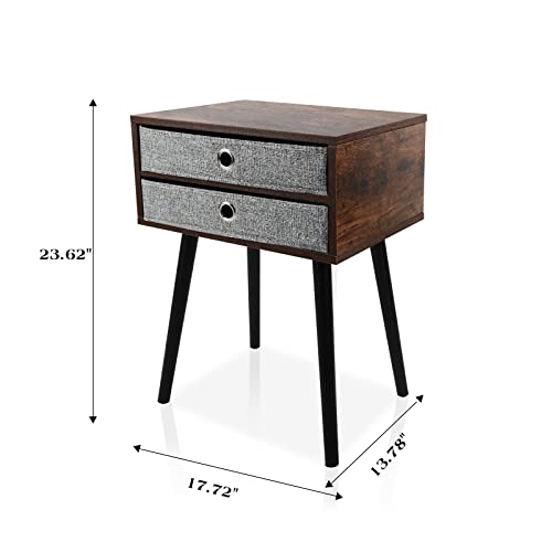 NO MORE TAG Nightstand, Wood Bedside Tables with 2-Drawers, Mid Century Modern End Table Night Stand for Living Room, Bedroom, Brown