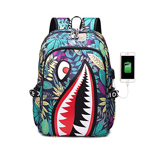 CHXIAOX Laptop Backpack Travel Bag for Men Women, Street Fashion Business Hiking Waterproof Bag with USB Port 17" - Green Camo Shark