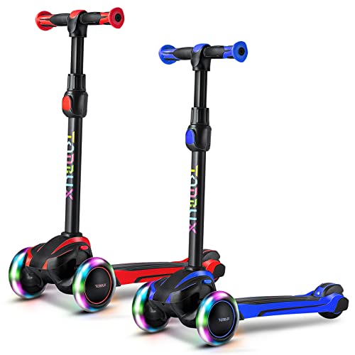 TONBUX Scooter for Kids Ages 3-5, Toddler Scooter with 4 Adjustable Heights, Kids Scooter Light Up 3 Wheels, Shock Absorption Design, Lean to Steer, Balance Training Scooter for Kids（Blue+Red）