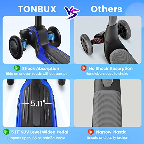 TONBUX Scooter for Kids Ages 3-5, Toddler Scooter with 4 Adjustable Heights, Kids Scooter Light Up 3 Wheels, Shock Absorption Design, Lean to Steer, Balance Training Scooter for Kids（Blue+Red）