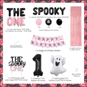 The Spooky One Birthday Decorations Girl, Pink Curtain Backdrop with Pink Black Balloons, The Spooky One Cake Topper White Ghost Black Bat Foil Balloons for Halloween 1st Birthday Party Decorations