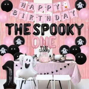 The Spooky One Birthday Decorations Girl, Pink Curtain Backdrop with Pink Black Balloons, The Spooky One Cake Topper White Ghost Black Bat Foil Balloons for Halloween 1st Birthday Party Decorations