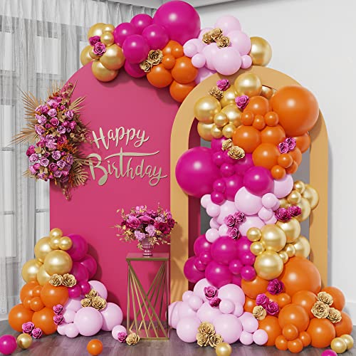 Enanal Hot Pink Orange Balloon Garland Arch Kit, 158pcs Pink Orange and Chrome Metallic Gold Balloons for Birthday Baby Shower Tropical Party Supplies Summer Party Decorations (Hot Pink)