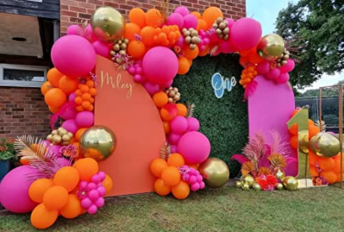 Enanal Hot Pink Orange Balloon Garland Arch Kit, 158pcs Pink Orange and Chrome Metallic Gold Balloons for Birthday Baby Shower Tropical Party Supplies Summer Party Decorations (Hot Pink)