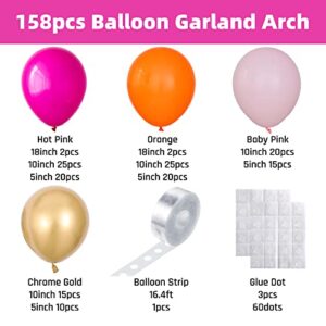 Enanal Hot Pink Orange Balloon Garland Arch Kit, 158pcs Pink Orange and Chrome Metallic Gold Balloons for Birthday Baby Shower Tropical Party Supplies Summer Party Decorations (Hot Pink)