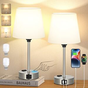 table lamps for bedrooms set of 2 bedside - nightstand bedroom lamp with usb c port and ac outlet charging, dimmable touch small end side lamp, white night stand light for kid/guest room/living room