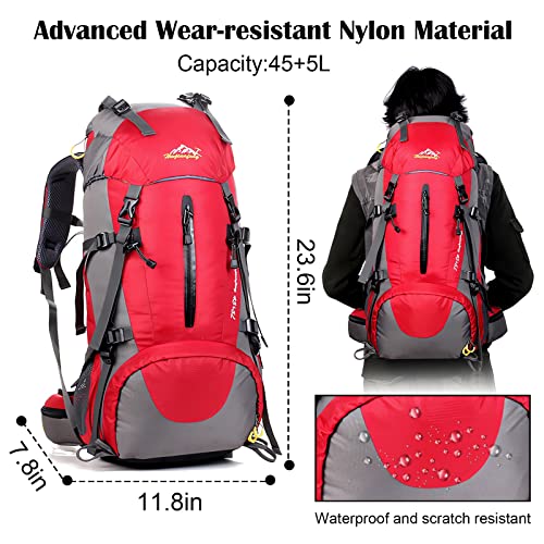 HERYWEKD Hiking Backpack, 50L Travel Backpack, Waterproof Lightweight Camping Backpack， Suitable for Hiking, Mountaineering, Camping (Red)