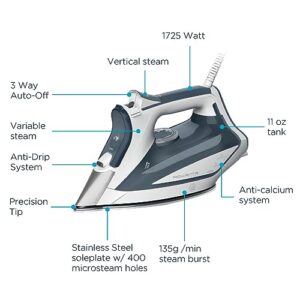 Rowenta Focus Stainless Steel Soleplate Steam Iron for Clothes 400 Microsteam Holes, Cotton, Wool, Poly, Silk, Linen, Nylon 1725 Watts Portable, Ironing, Garment Steamer DW5280