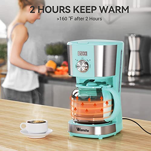 Wamife Coffee Maker - 12 Cup Programmable Drip Coffee Machine Coffee Brewer Timer Machine with Thermal Carafe Retro Coffee Makers for Home & Office (Blue)