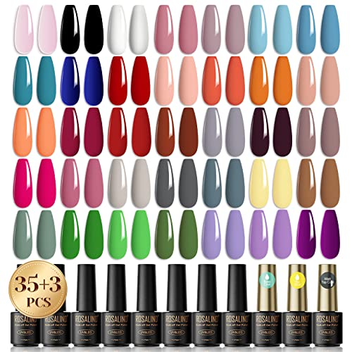 ROSALIND 38PCS Gel Nail Polish Set, 35 Colors Gel Polish Set with Base Coat and Glossy & Matte Gel Top Coat Gel Nail Polish Starter Set Pink Red Green Blue Gel Nail Art Gifts for Women