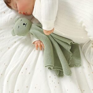 Hadetoto Baby Security Blanket Bear Newborn Babe Lovey Snuggly Adorable Cozy Cotton Baby Knit Blankets for Unisex Infants Boys and Girls Gifts, Light Green