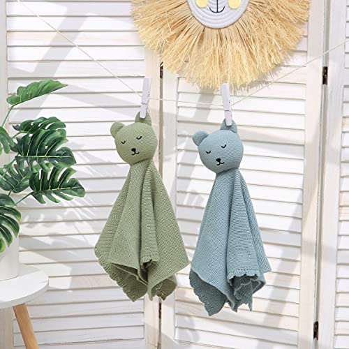 Hadetoto Baby Security Blanket Bear Newborn Babe Lovey Snuggly Adorable Cozy Cotton Baby Knit Blankets for Unisex Infants Boys and Girls Gifts, Light Green