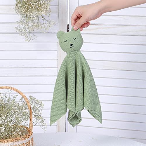 Hadetoto Baby Security Blanket Bear Newborn Babe Lovey Snuggly Adorable Cozy Cotton Baby Knit Blankets for Unisex Infants Boys and Girls Gifts, Light Green