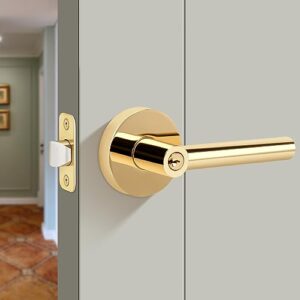 gaurqiah entry door lock with keys,heavy duty door lever, round door handle for exterior/interior doors, reversible door lever for bedroom or office-polished brass finish