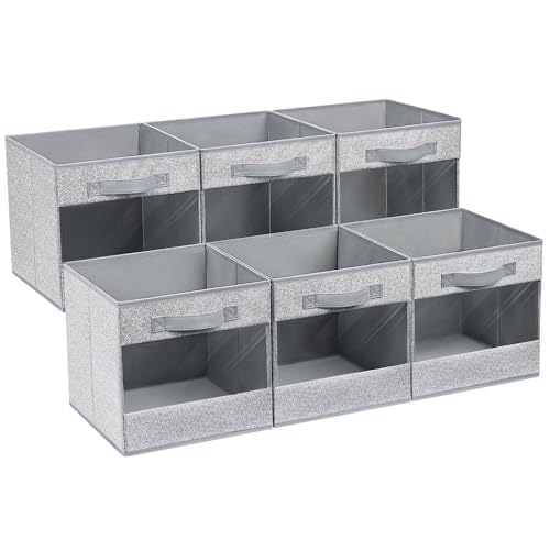 DIMJ Cube Storage Bin, 6 Pack Collapsible Storage Bins, Cube Storage Organizer with Window, Fabric Storage Bins for Shelves, Closet Baskets for Clothes, Toys, Books (Light Grey)