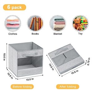 DIMJ Cube Storage Bin, 6 Pack Collapsible Storage Bins, Cube Storage Organizer with Window, Fabric Storage Bins for Shelves, Closet Baskets for Clothes, Toys, Books (Light Grey)