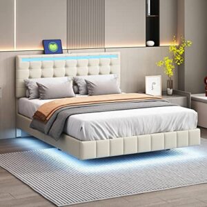 cjlmn upholstered floating bed, queen size wooden platform bed frame, upholstered floating led bed with led lights and usb charging, kids adults bedroom furniture (beige led floating bed)