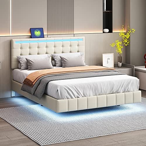 CJLMN Upholstered Floating Bed, Queen Size Wooden Platform Bed Frame, Upholstered Floating LED Bed with LED Lights and USB Charging, Kids Adults Bedroom Furniture (Beige LED Floating Bed)