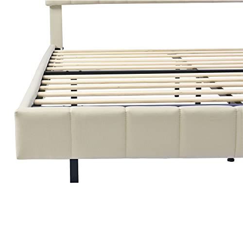 CJLMN Upholstered Floating Bed, Queen Size Wooden Platform Bed Frame, Upholstered Floating LED Bed with LED Lights and USB Charging, Kids Adults Bedroom Furniture (Beige LED Floating Bed)