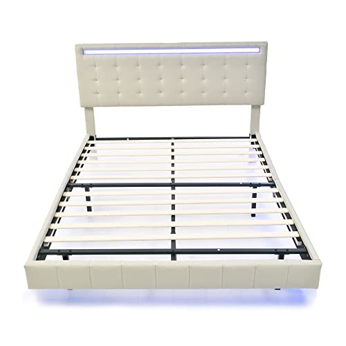 CJLMN Upholstered Floating Bed, Queen Size Wooden Platform Bed Frame, Upholstered Floating LED Bed with LED Lights and USB Charging, Kids Adults Bedroom Furniture (Beige LED Floating Bed)