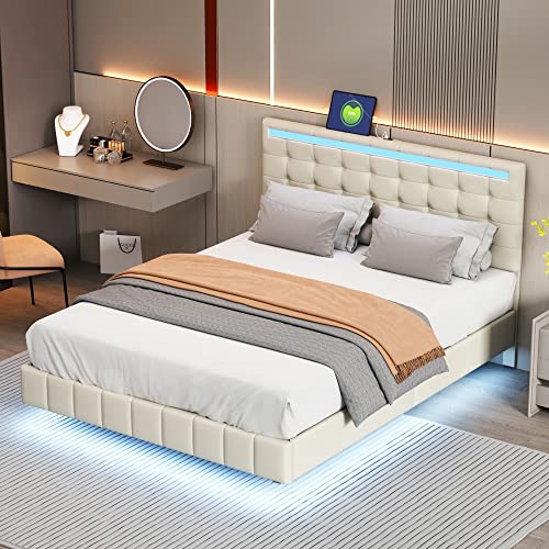 CJLMN Upholstered Floating Bed, Queen Size Wooden Platform Bed Frame, Upholstered Floating LED Bed with LED Lights and USB Charging, Kids Adults Bedroom Furniture (Beige LED Floating Bed)