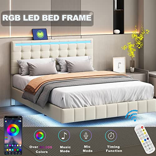 CJLMN Upholstered Floating Bed, Queen Size Wooden Platform Bed Frame, Upholstered Floating LED Bed with LED Lights and USB Charging, Kids Adults Bedroom Furniture (Beige LED Floating Bed)