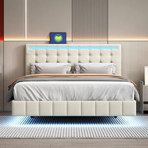 CJLMN Upholstered Floating Bed, Queen Size Wooden Platform Bed Frame, Upholstered Floating LED Bed with LED Lights and USB Charging, Kids Adults Bedroom Furniture (Beige LED Floating Bed)