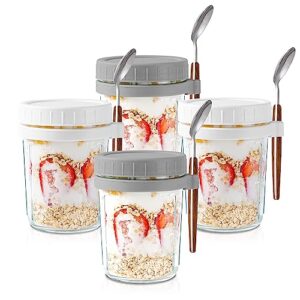 overnight oats containers with lids and spoons: 16 oz mason jars for overnight oats - 4 pack glass meal prep container for oatmeal - food storage containers/canning jars/food jars & canisters