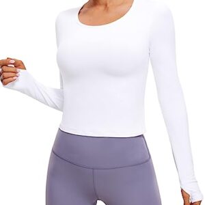 CRZ YOGA Long Sleeve Crop Tops for Women Workout Cropped Top Yoga Slim Fit Athletic Gym Shirts with Thumb Hole White Small