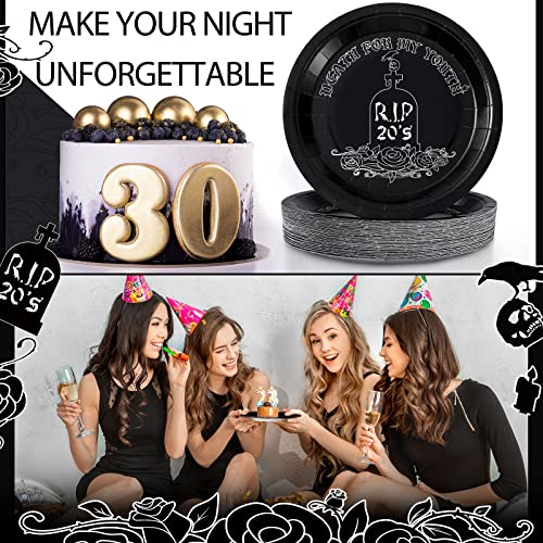 Bokon 50 Pcs 30th Birthday Plates Rip Twenties Plates Birthday Cake Plates Anniversary Party Supplies Death to My 20s Birthday Decorations for 30th Birthday, 9 Inches, Black