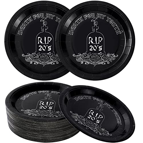 Bokon 50 Pcs 30th Birthday Plates Rip Twenties Plates Birthday Cake Plates Anniversary Party Supplies Death to My 20s Birthday Decorations for 30th Birthday, 9 Inches, Black