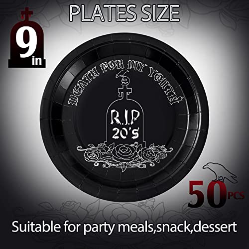 Bokon 50 Pcs 30th Birthday Plates Rip Twenties Plates Birthday Cake Plates Anniversary Party Supplies Death to My 20s Birthday Decorations for 30th Birthday, 9 Inches, Black