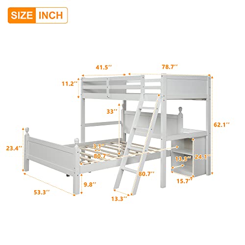 Lepfun Twin Over Full Bunk Bed with Cabinet and Ladder, Wood Loft Bed Frame, Convertible Into 2 Single Beds, No Box Spring Needed, White