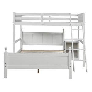 Lepfun Twin Over Full Bunk Bed with Cabinet and Ladder, Wood Loft Bed Frame, Convertible Into 2 Single Beds, No Box Spring Needed, White