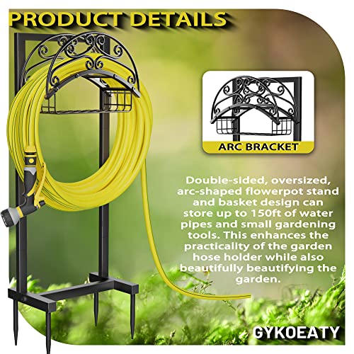 Gykoeaty Garden Hose Holder Heavy Duty Metal Water Hose Holder with 4 Spikes Freestanding,Detachable Hose Rack for Garden Storage, Hose Stand for Outdoor Yard Storage,Can Store 150ft Water Pipes