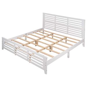 LCH King Platform Bed Frame with Headboard and Footboard, Solid Wood Bed Frame for Adults/Wood Slat Support/No Box Spring, Modern Bed Frame with Horizontal Strip Hollow Shape, King Size, White