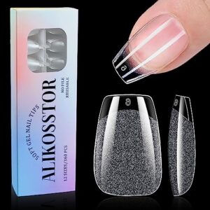 alikosstor short coffin nail tips - half matte soft gel nail tips no filed, 360pcs preshaped clear false acrylic gelly tips for soak off nail extension diy nail art 12 sizes