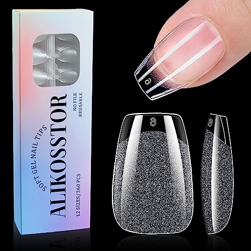 ALIKOSSTOR Short Coffin Nail Tips - Half Matte Soft Gel Nail Tips No Filed, 360PCS Preshaped Clear False Acrylic Gelly Tips for Soak Off Nail Extension DIY Nail Art 12 Sizes