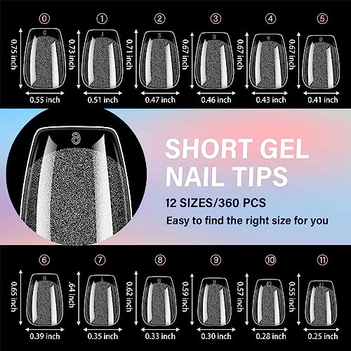 ALIKOSSTOR Short Coffin Nail Tips - Half Matte Soft Gel Nail Tips No Filed, 360PCS Preshaped Clear False Acrylic Gelly Tips for Soak Off Nail Extension DIY Nail Art 12 Sizes