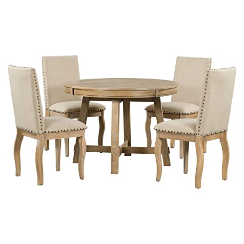 Mojay 5-Piece Dining Table Set with Wood Round Oval Dining Room Extension Table and 4 Upholstered Chairs, Natural Wood Wash Finish, Perfect for Dining Room