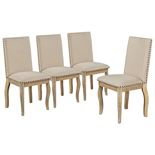 Mojay 5-Piece Dining Table Set with Wood Round Oval Dining Room Extension Table and 4 Upholstered Chairs, Natural Wood Wash Finish, Perfect for Dining Room