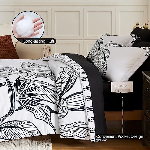 WRENSONGE Queen Comforter Set, 7 Pieces Black and White Floral Comforter Set with Sheets for Queen Size Bed, Flower Pattern Queen Bedding Set, Soft Lightweight Breathable Bed in a Bag for All Seasons